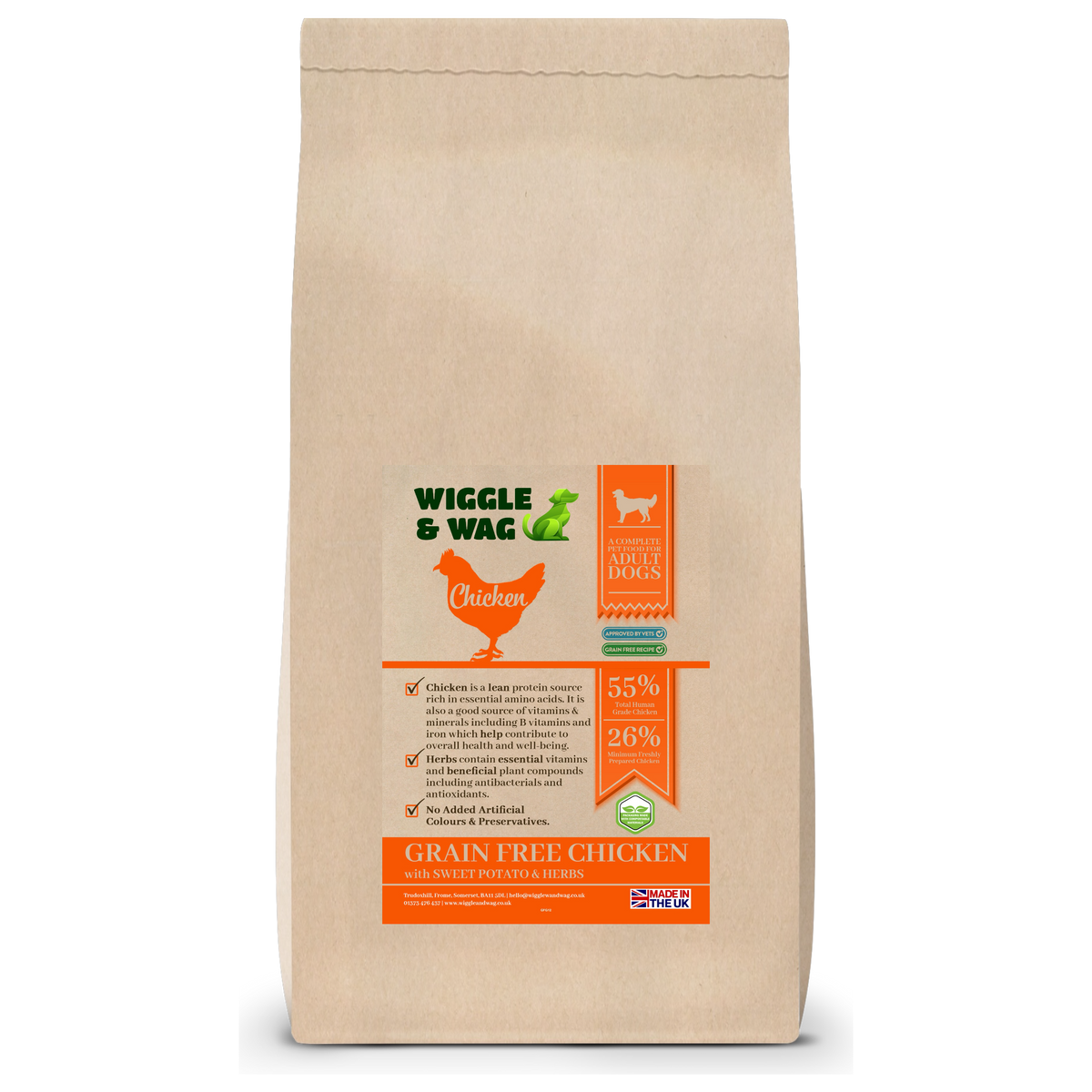 Wiggle and Wag Grain Free Chicken, Sweet Potato & Herbs, Complete Adul